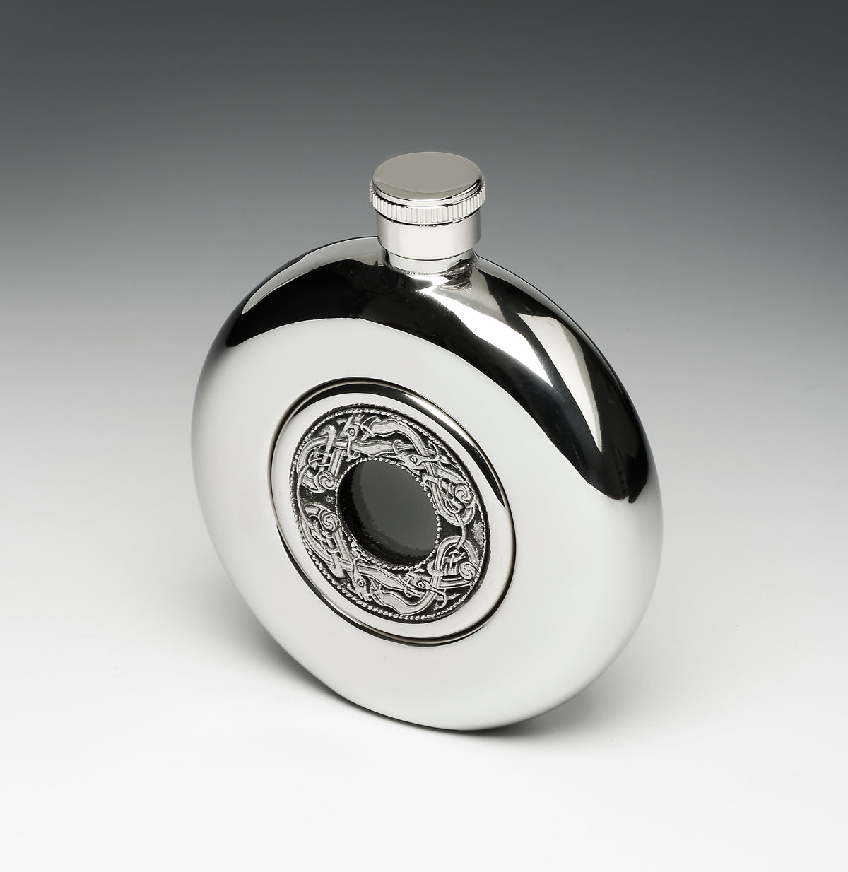 Mullingar Pewter - Round Whiskey Hip Flask with Glass Center and Celtic ...